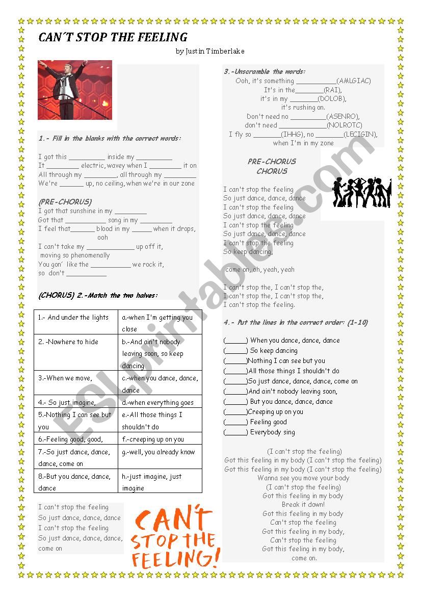 CAN´T STOP THE FEELING by Justin Timberlake - ESL worksheet by Zaratod