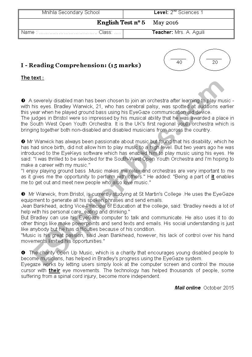 Overall test n°2 - ESL worksheet by younaida