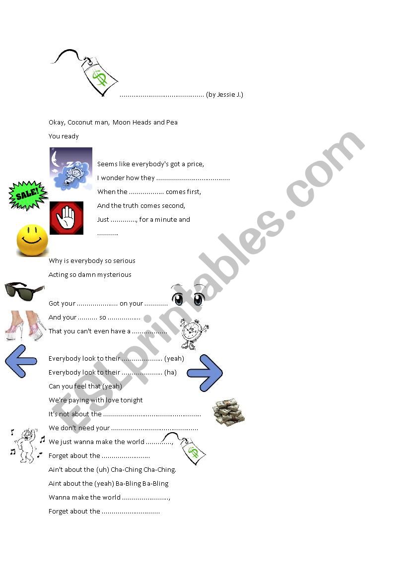 Money - warm-up (Jessie J´s song "Price tag") - ESL worksheet by segnaro