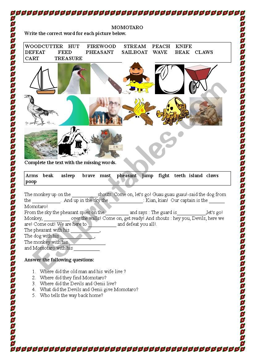 A VIDEO ACTIVITY: FOLKTALE ´MOMOTARO´ - ESL worksheet by Rosahi