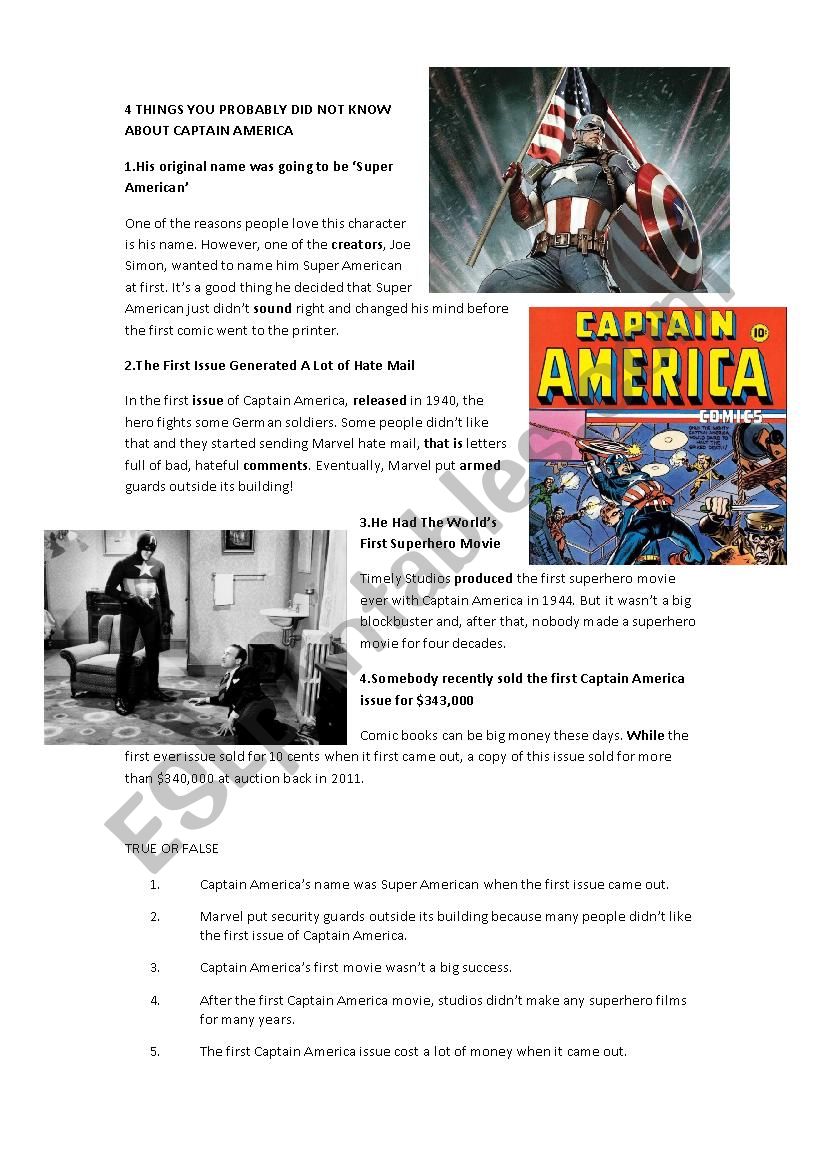 4 THINGS YOU PROBABLY DIDN´T KNOW ABOUT CAPTAIN AMERICA - ESL worksheet ...
