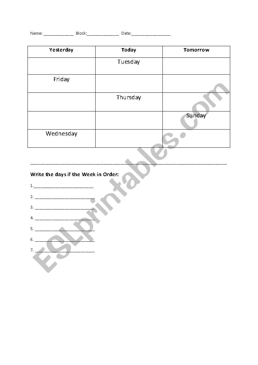 Days of the Week Quiz - ESL worksheet by ndye Days of the Week Quiz - ESL worksheet by ndye