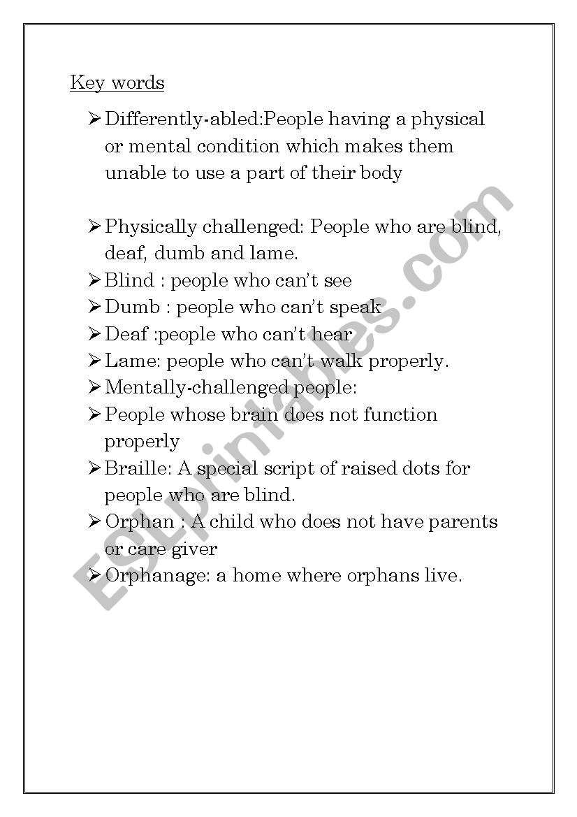 Lesson on differently abled - WE CARE with worksheets - ESL worksheet ... Lesson on differently abled - WE CARE with worksheets - ESL worksheet ...