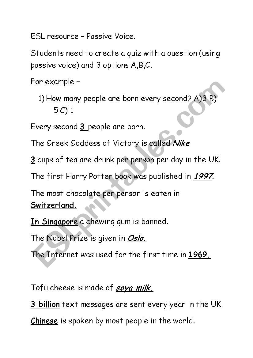 ESL Passive Voice (Present/Past) QUIZ - ESL worksheet by wildcatkz