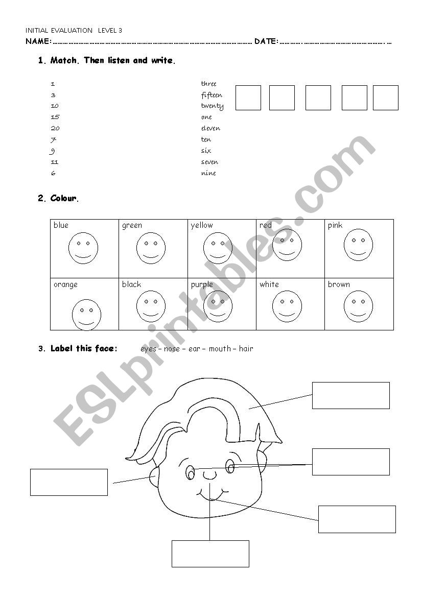 Initial evaluation English 3º grade - ESL worksheet by lucecita14
