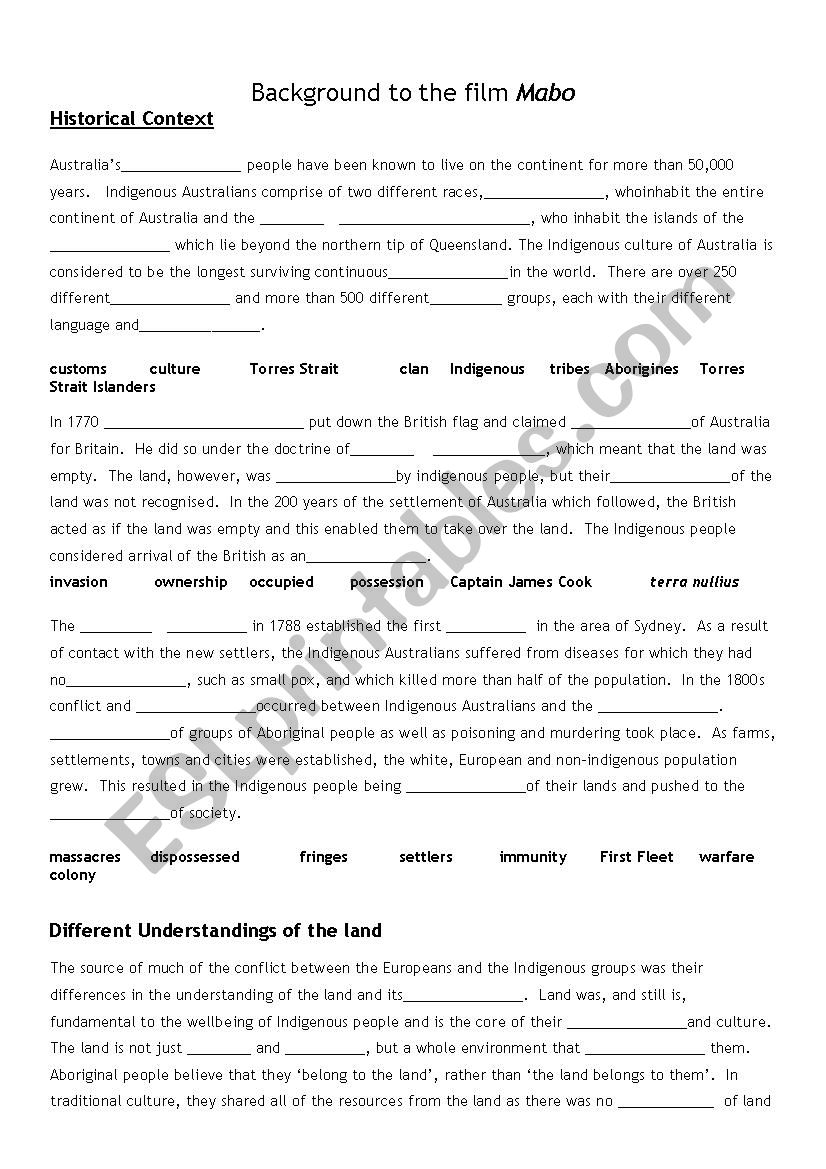 Background to the film ´Mabo´ - ESL worksheet by Tiger1998