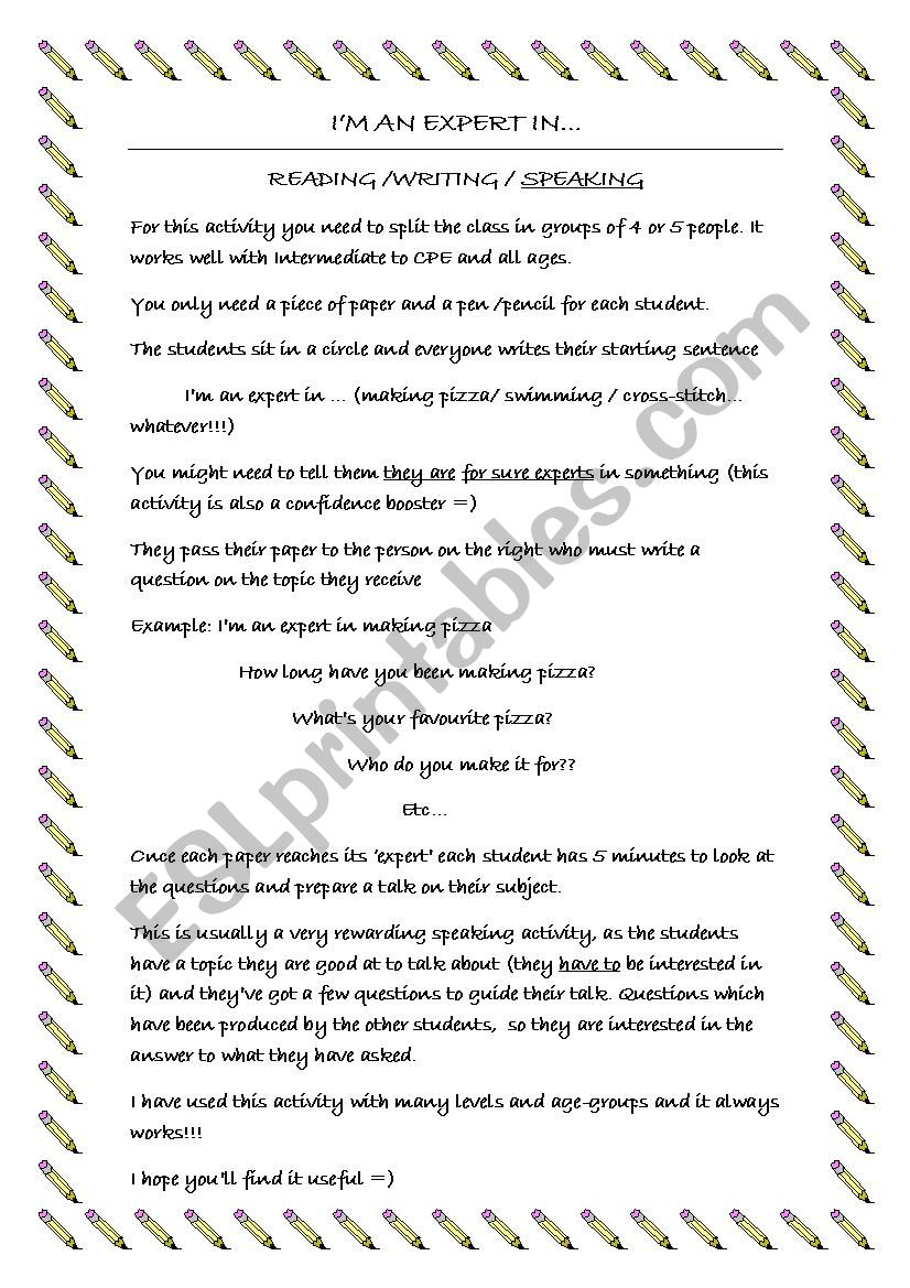 I´M AN EXPERT IN... - ESL worksheet by hook