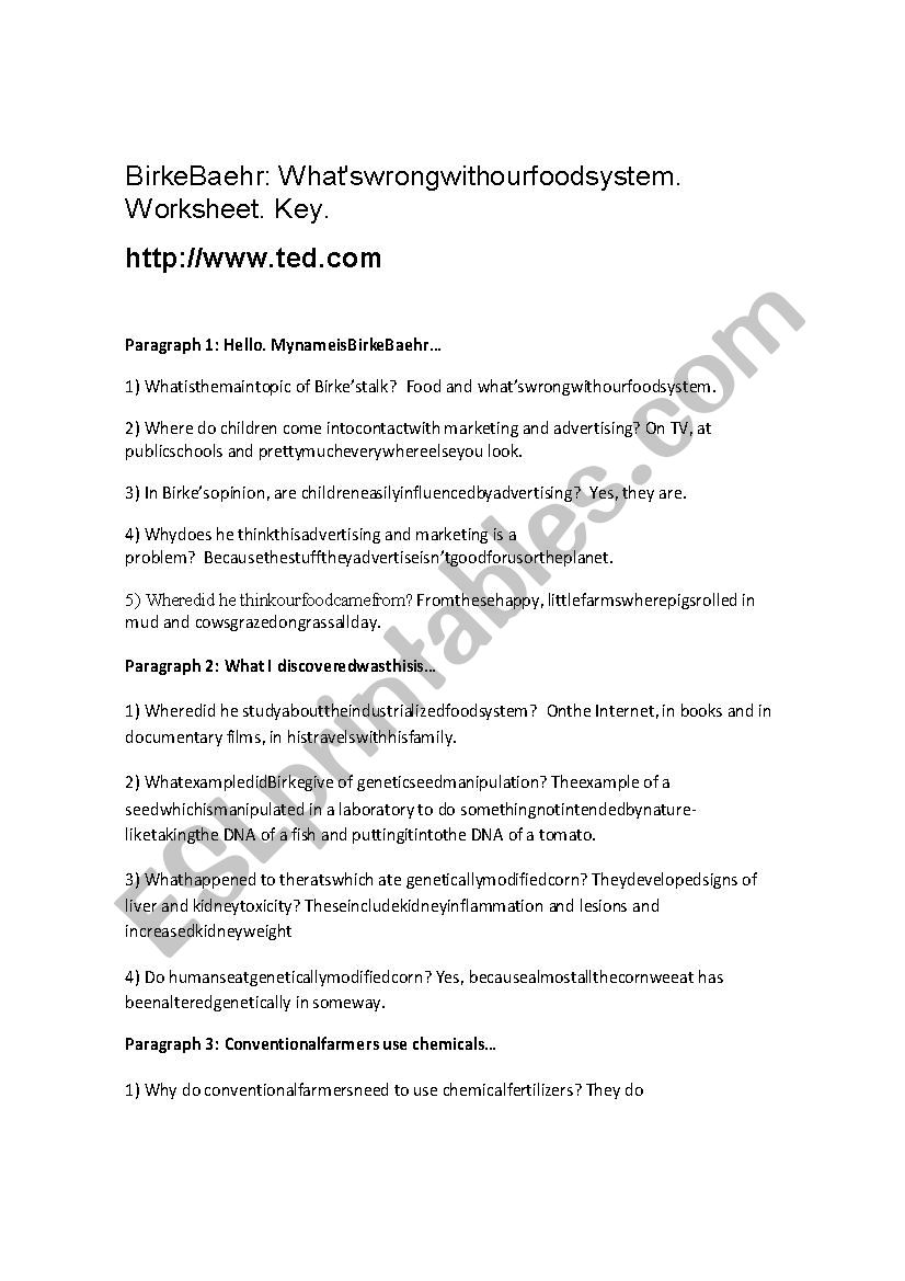 What´s wrong with our food system Birke Baehr TED - ESL worksheet by ...