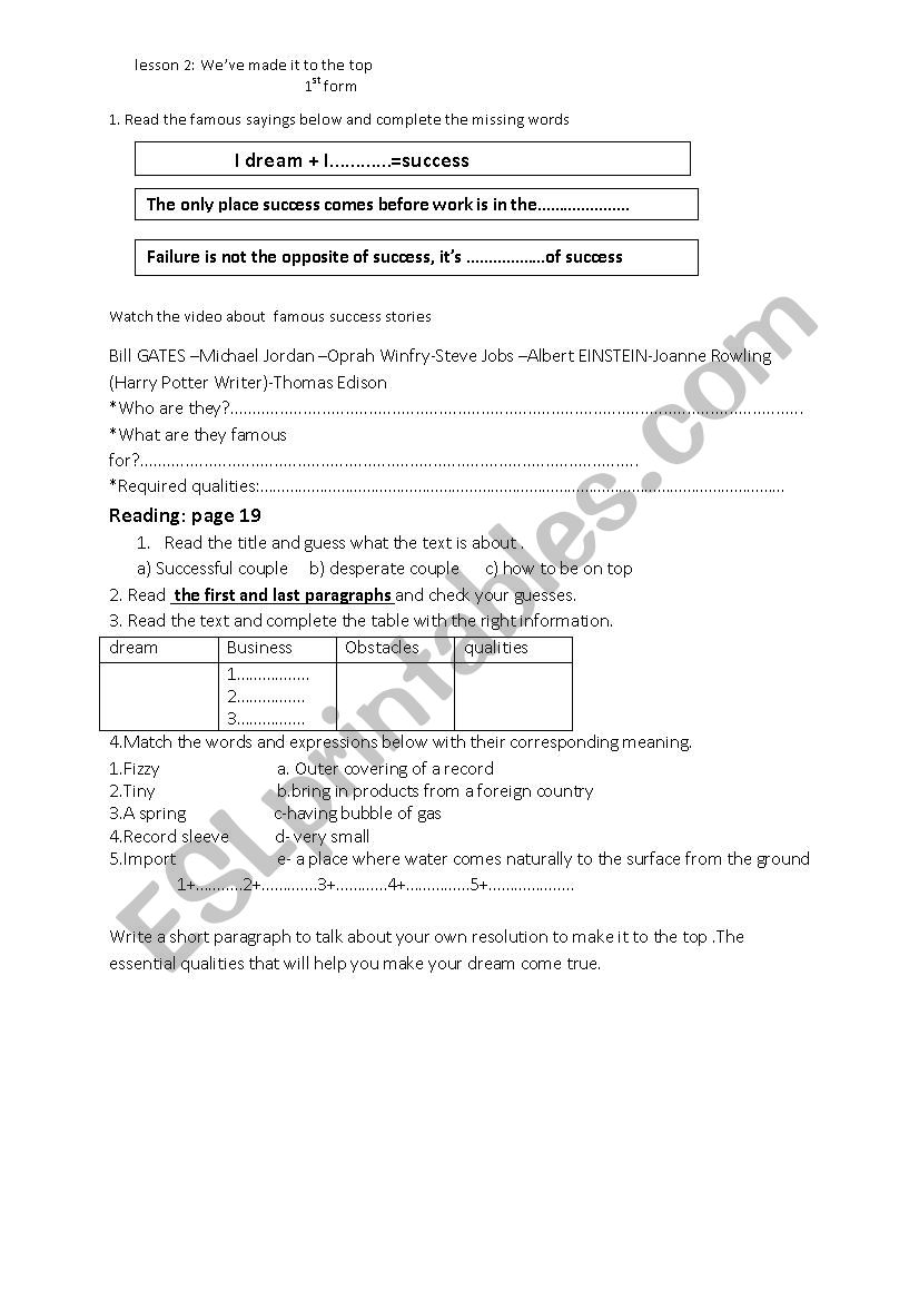 lesson 2 :we´ve made it to the top - ESL worksheet by nabila omali