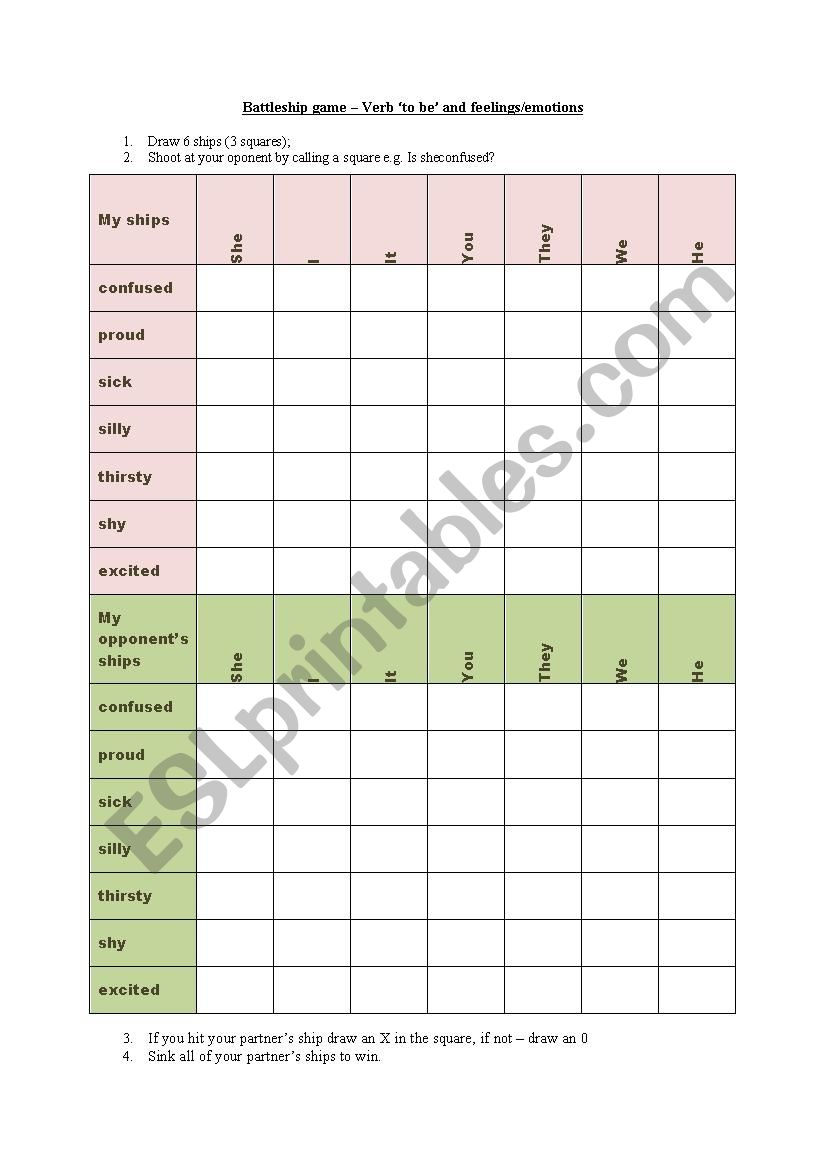 Battleships - verb ´to be´ and feelings/emotions - ESL worksheet by ...