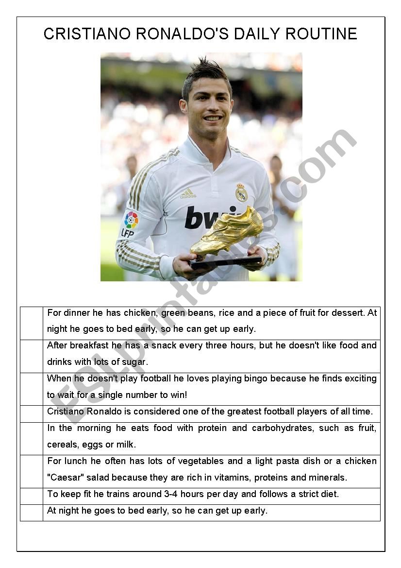 Ronaldo´s daily routine - ESL worksheet by Roby73