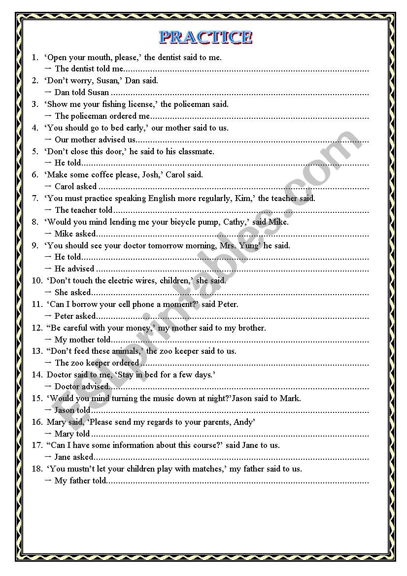 Reported Speech Ordersrequestsquestions Worksheet