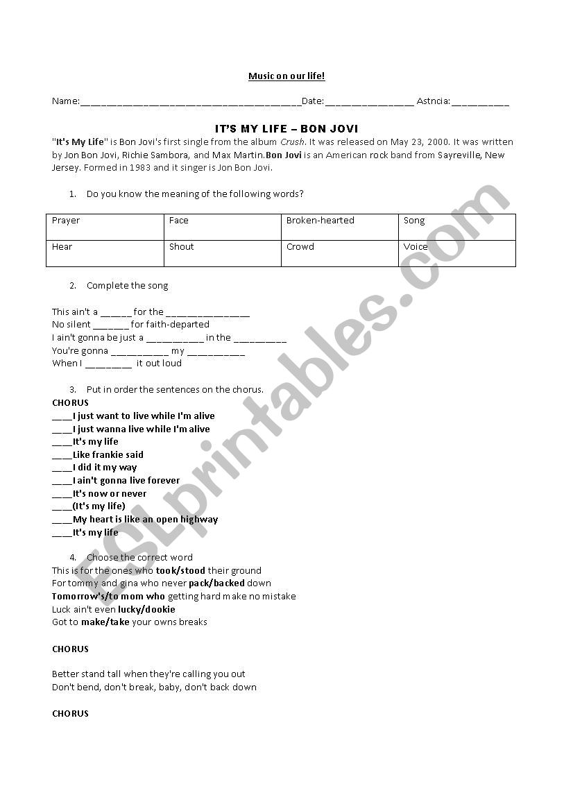 It´s my life - ESL worksheet by Dani_Castillo