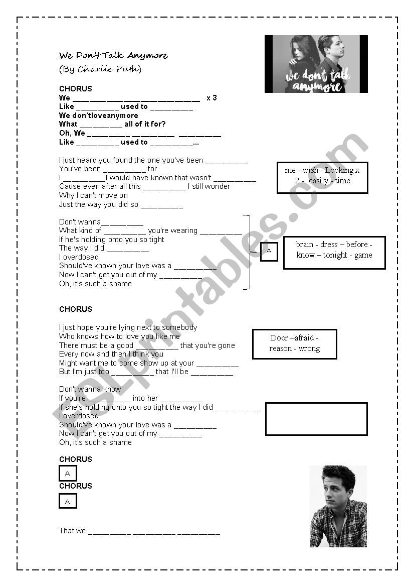 We Don´t Talk Anymore - ESL worksheet by vachu