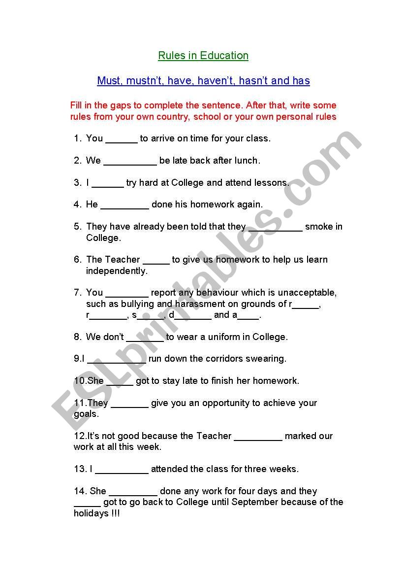 Must, mustn´t, have, haven´t, has and hasn´t education rules - ESL ...
