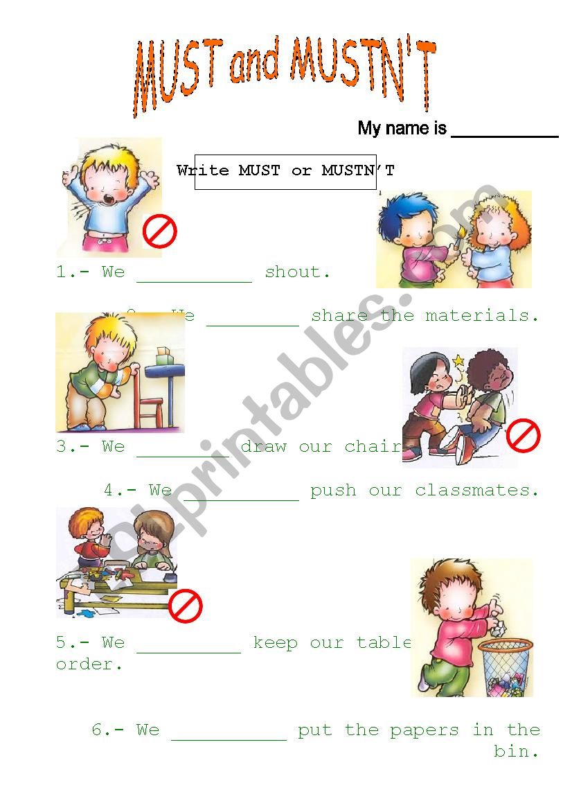 Must and musn´t with actions - ESL worksheet by Prisco