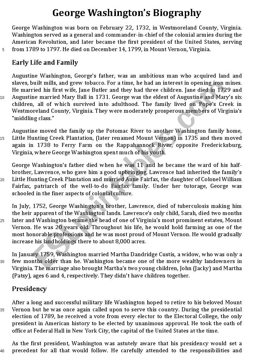 George Washington´s biography - ESL worksheet by bsaguet