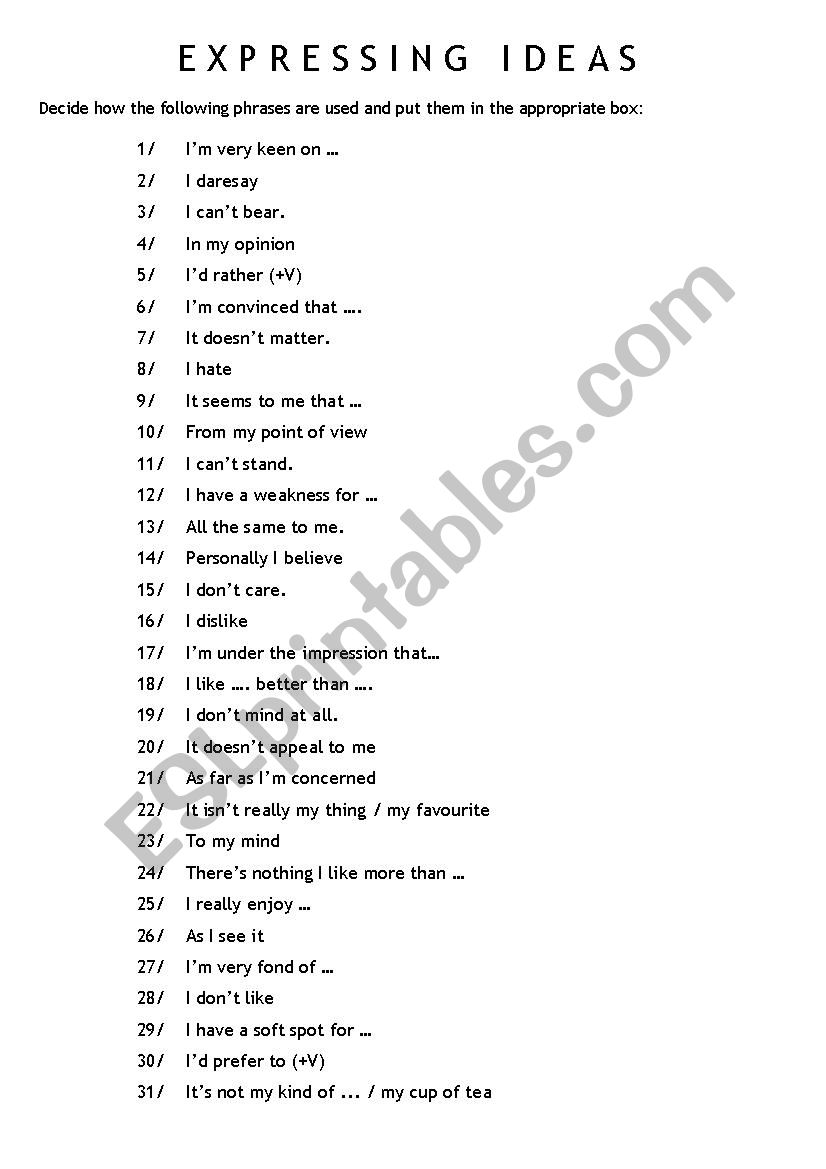 Useful expressions to express ideas - ESL worksheet by bsaguet Useful expressions to express ideas - ESL worksheet by bsaguet