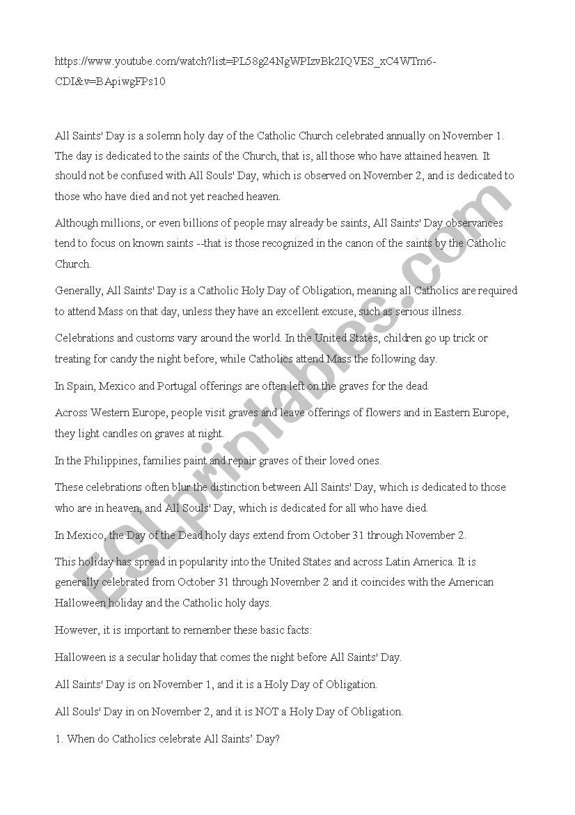 All Saints´ Day - ESL worksheet by klakaz