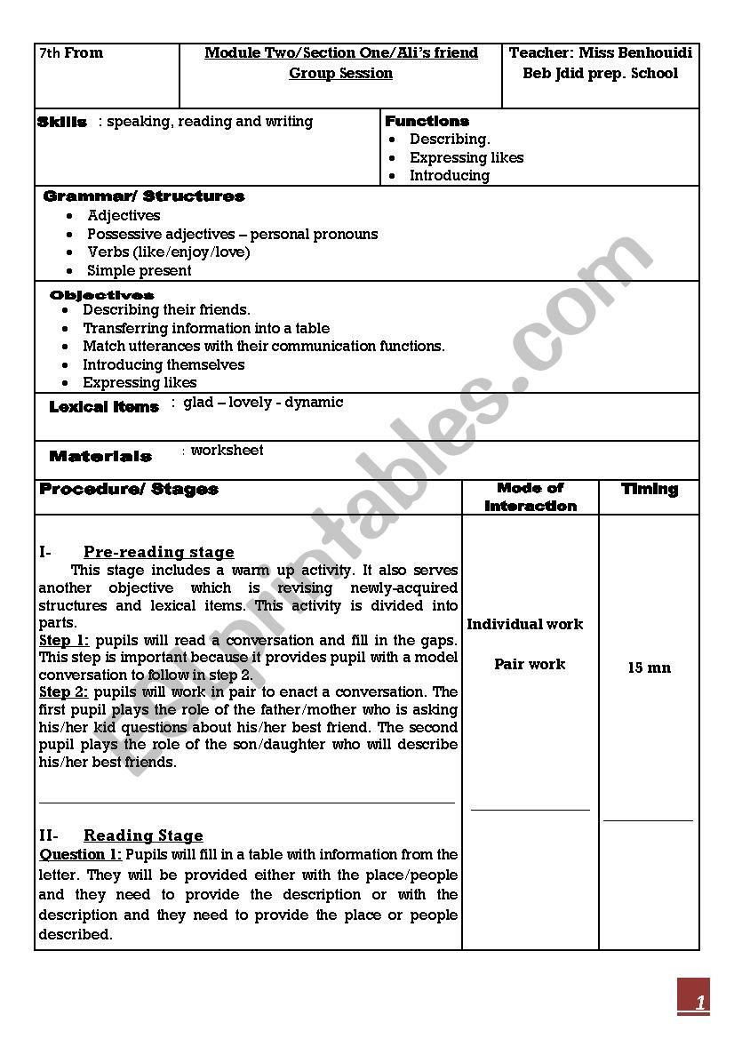 LESSON PLAN ESL Worksheet By Ma7joub