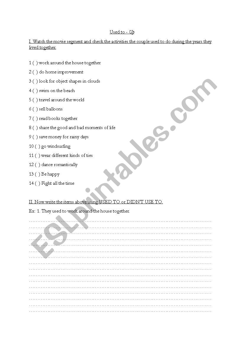 Used to - Would in Pixar movie´s Up and Upside Down - ESL worksheet by ...