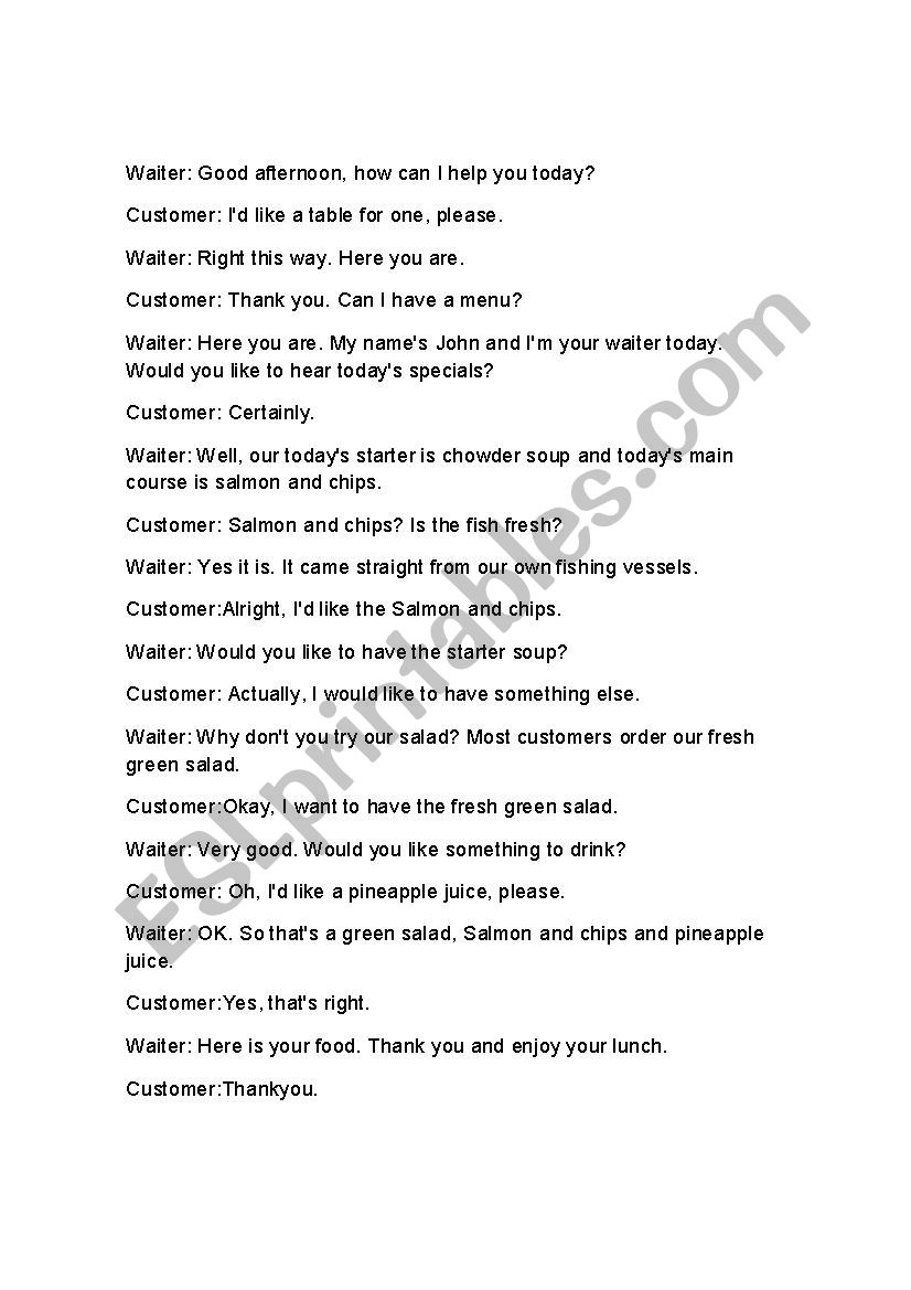 Conversation Between Waiter and Customer - ESL worksheet by Orlando007 Conversation Between Waiter and Customer - ESL worksheet by Orlando007