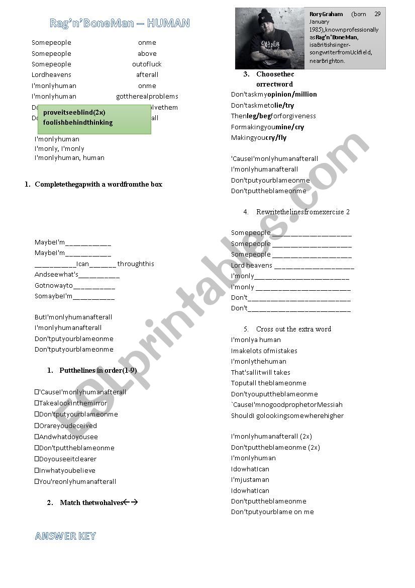 Rag´n´Bone Man - Human - Song Activity - ESL worksheet by Blumelevespa