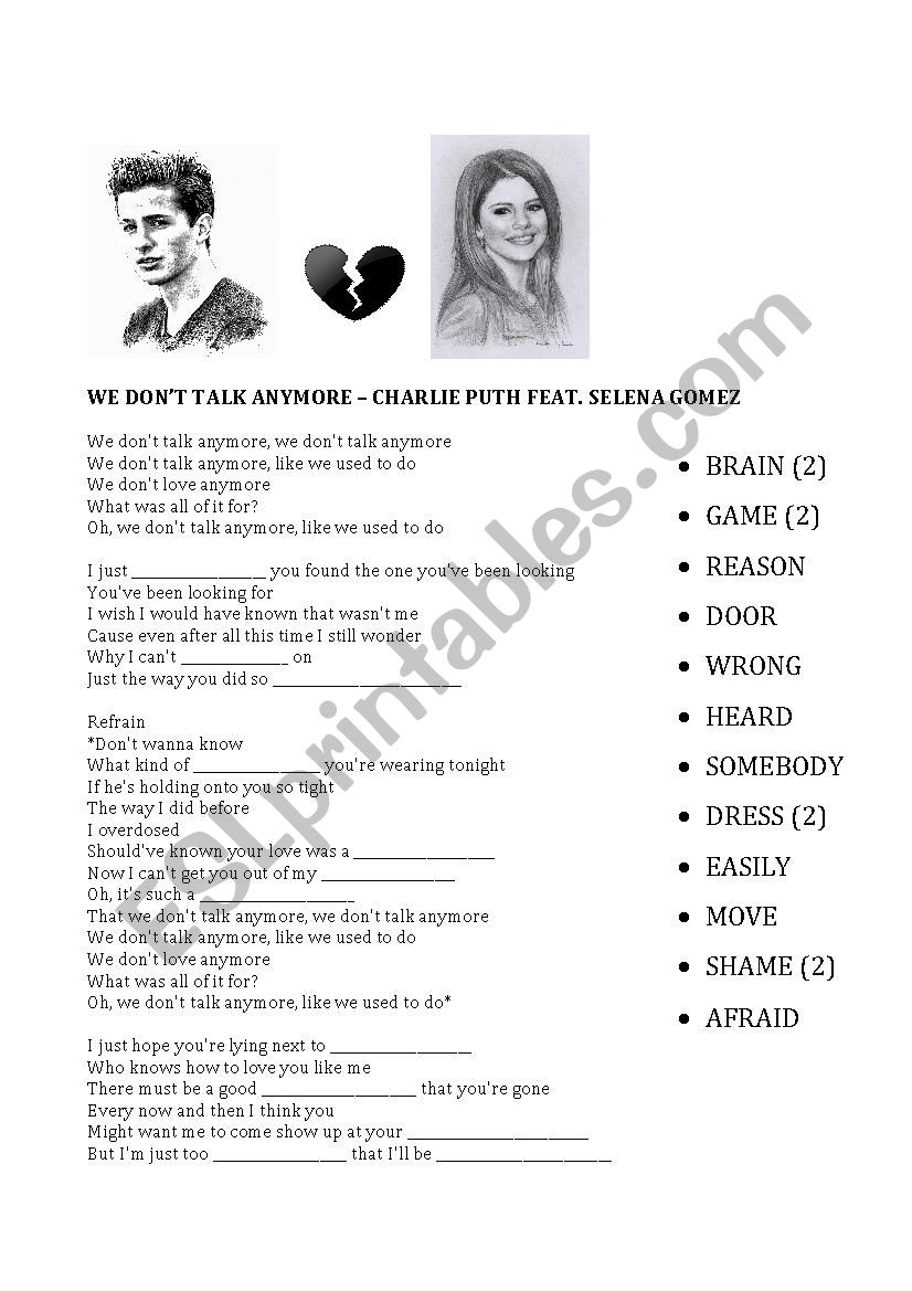 We don´t talk anymore - ESL worksheet by chia