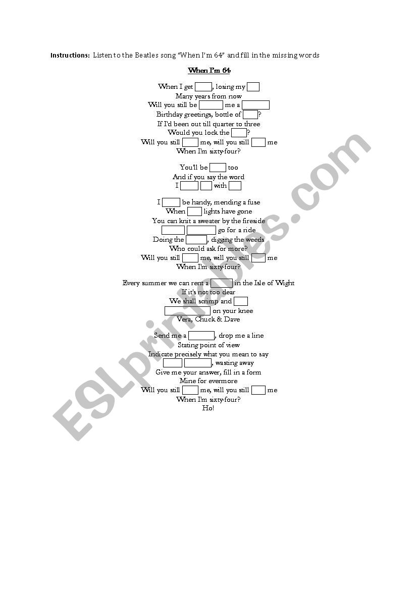 Listening - Beatles - When I´m 64 - ESL worksheet by smcloughlin