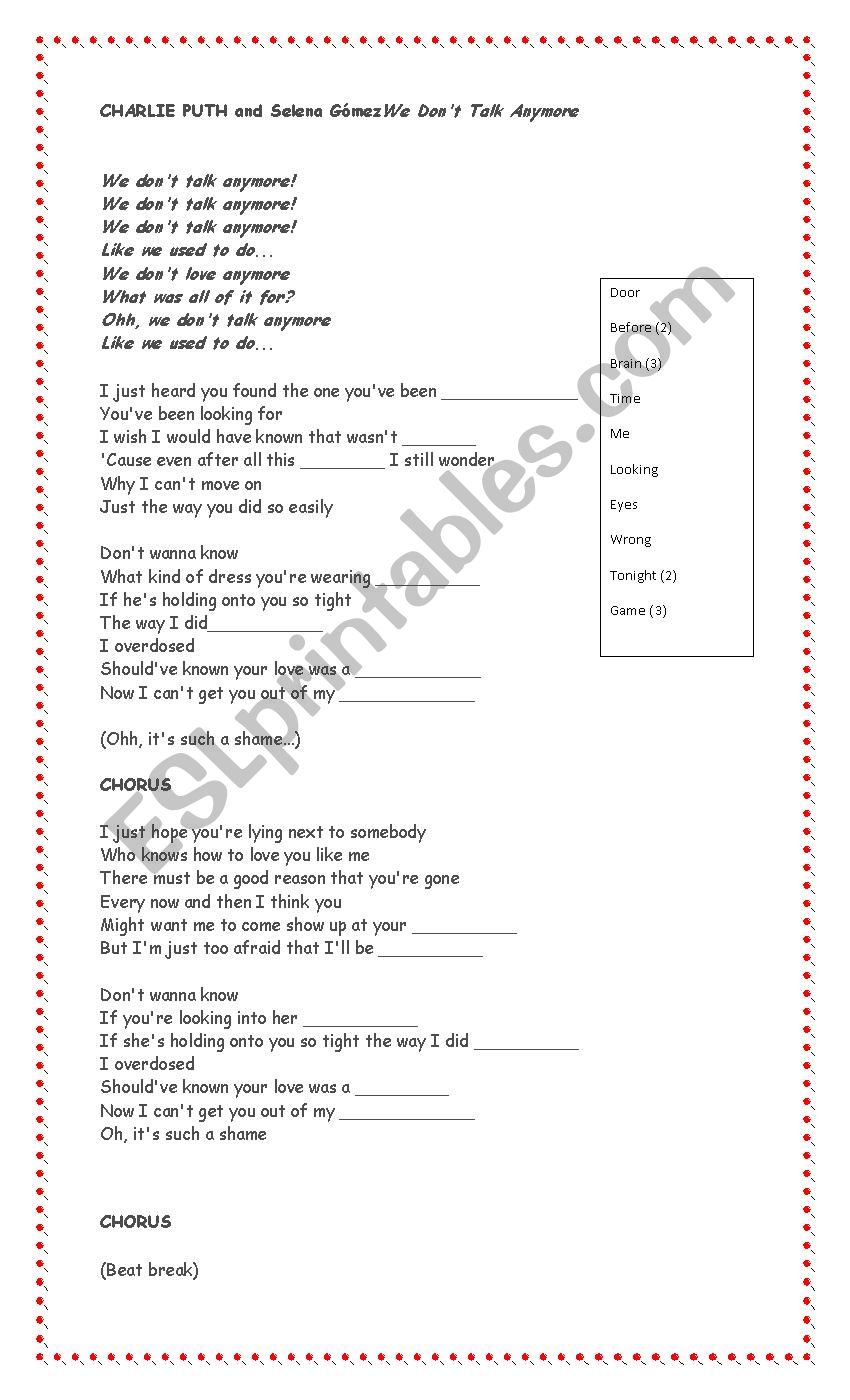 We donÂ´t talk anymore - ESL worksheet by sanchezros