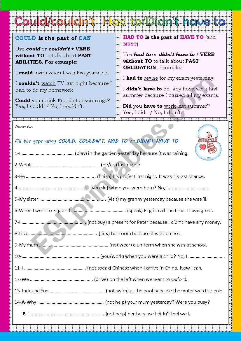 Can / Could / Had to / Didn´t have to - ESL worksheet by traute Can / Could / Had to / Didn´t have to - ESL worksheet by traute