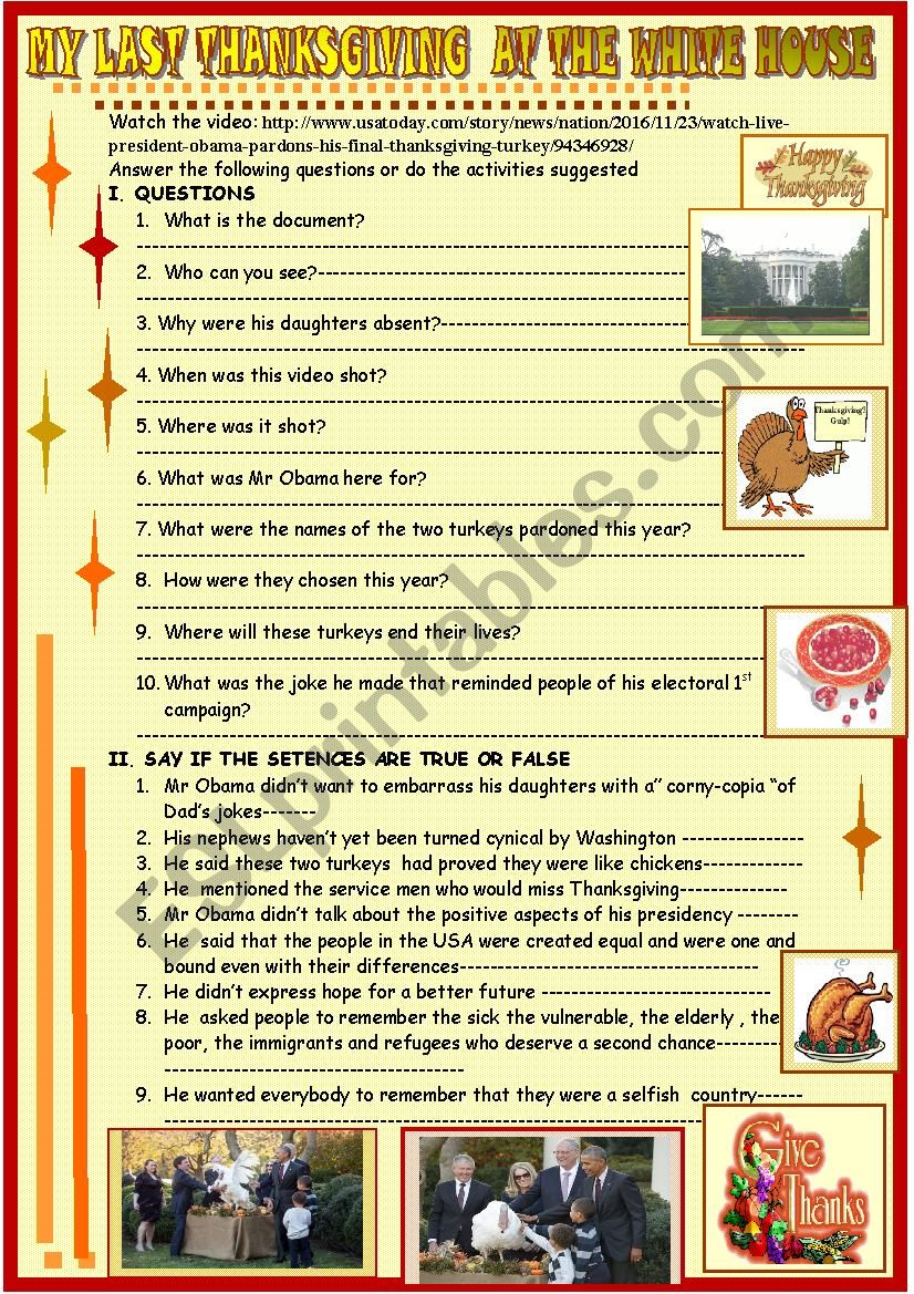 Mr Obama´s last Thanksgiving at the Whit House - ESL worksheet by spied ...
