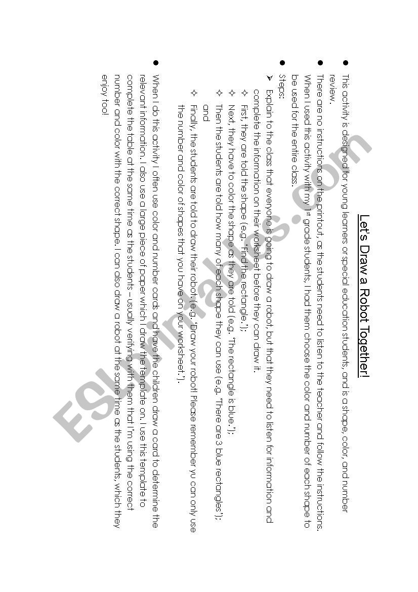 LetÂ´s Draw a Robot - shape, color, and number review - ESL worksheet ...