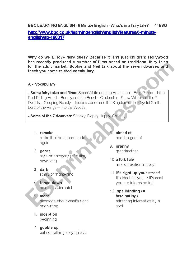 LISTENING - WHAT´S IN A FAIRY TALE? - ESL worksheet by 24VICTORIA