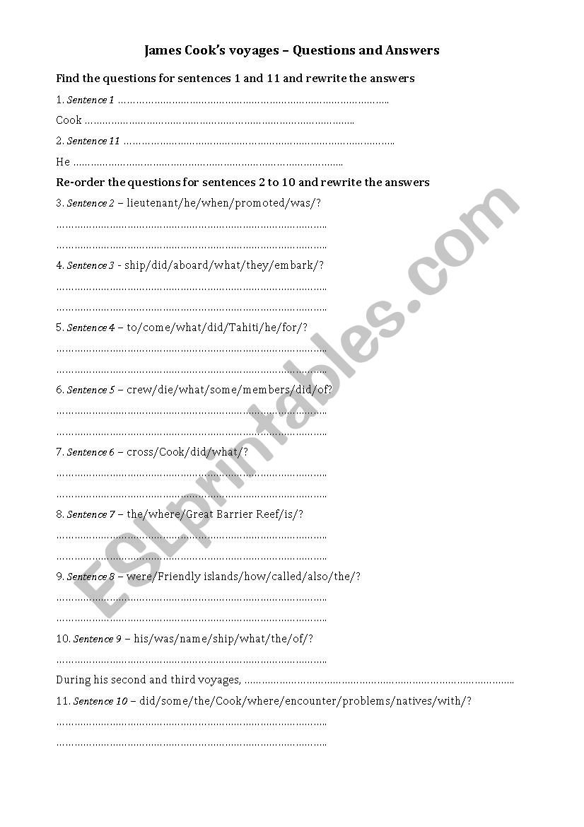 QUIZ Captain James Cook´s voyages: Ask the questions - ESL worksheet by ...