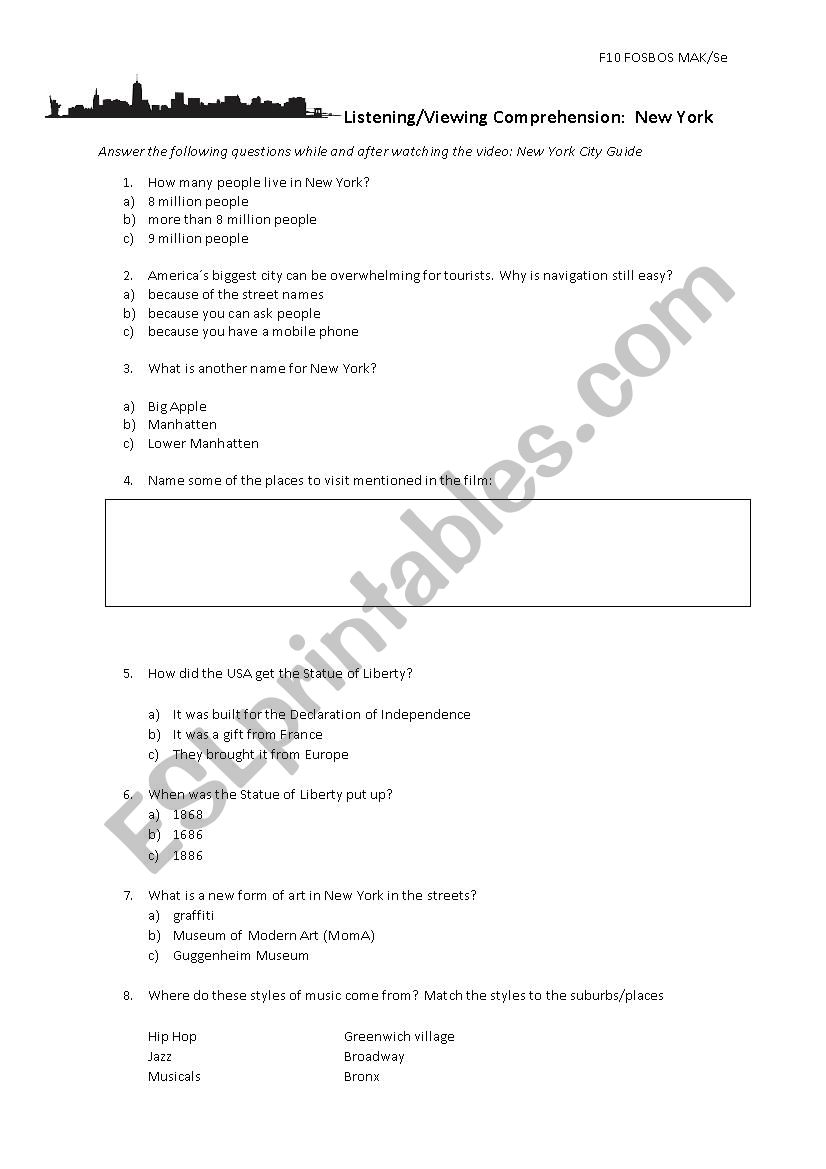 Listening Viewing Worksheet New York - ESL worksheet by eliseteach