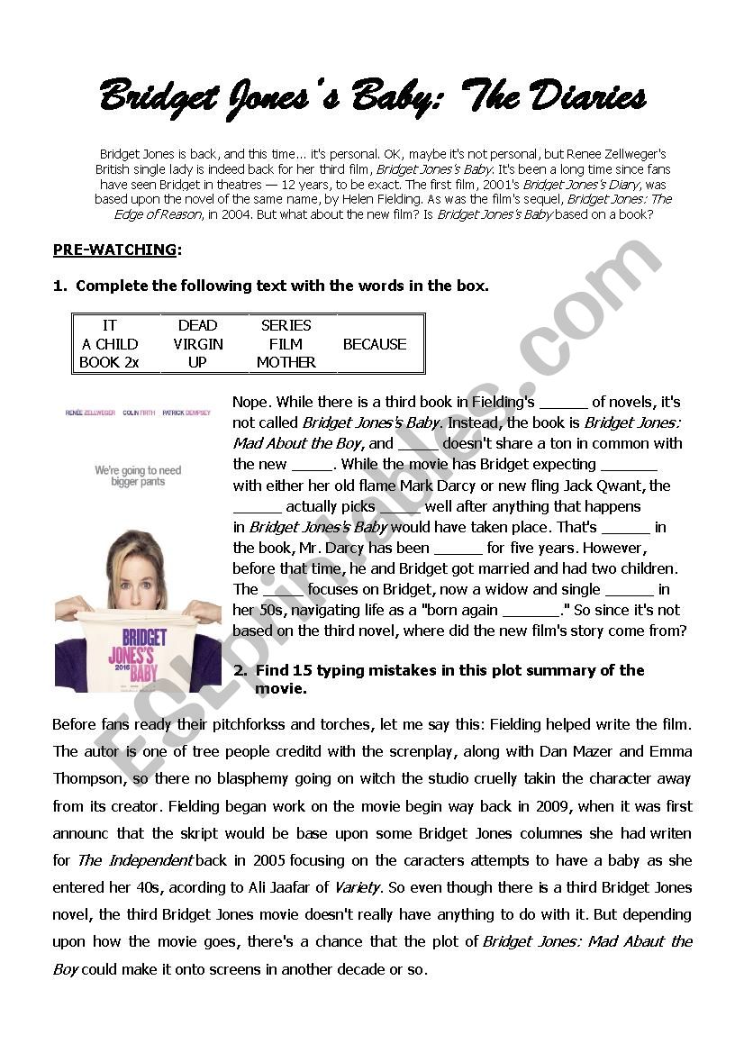 A movie: Bridget Jones´s baby: the diaries - ESL worksheet by Littlemishka