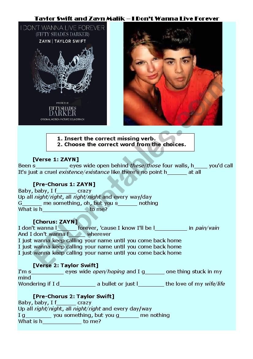 I Don´t Want To Live Forever - ESL worksheet by WuxiTang