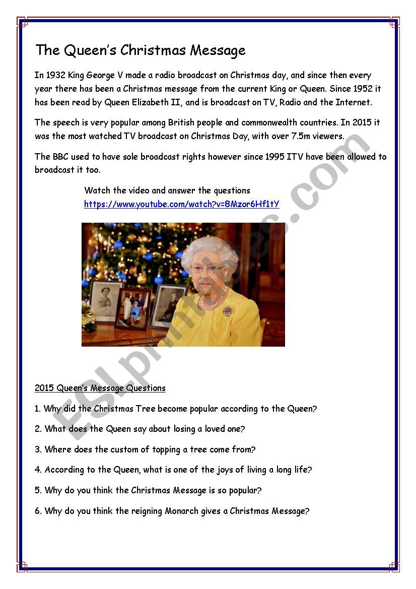 2015 Queen’s Message Questions - ESL worksheet by lotas