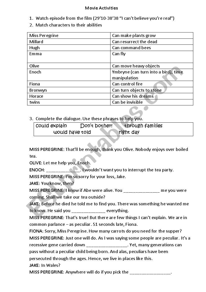 Miss Peregrine´s Home for Peculiar children - ESL worksheet by zumo4ka77