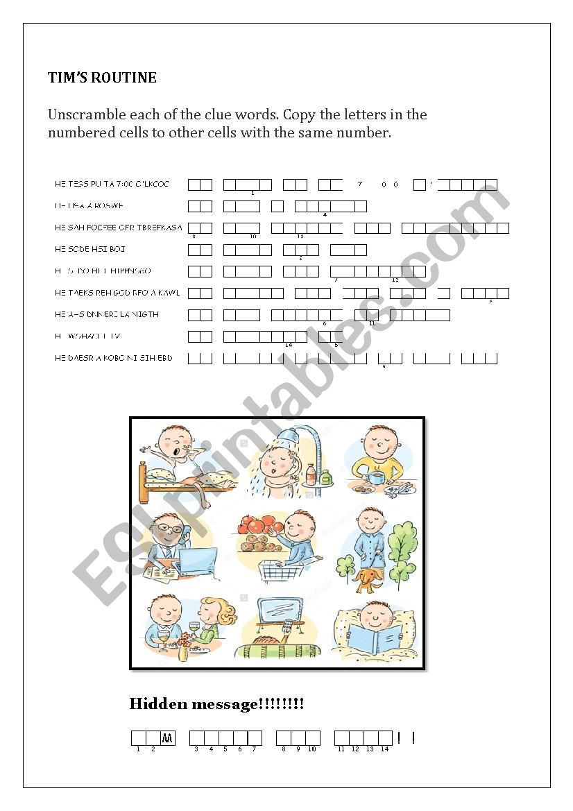 Tim´s routine - Hidden message - ESL worksheet by lorenagonzalo