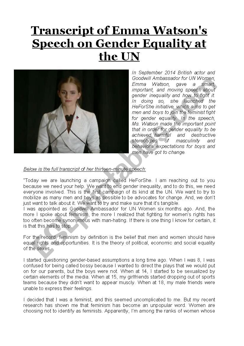Emma WatsonÂ´s Speech on Gender Equality at the UN - ESL worksheet by ...