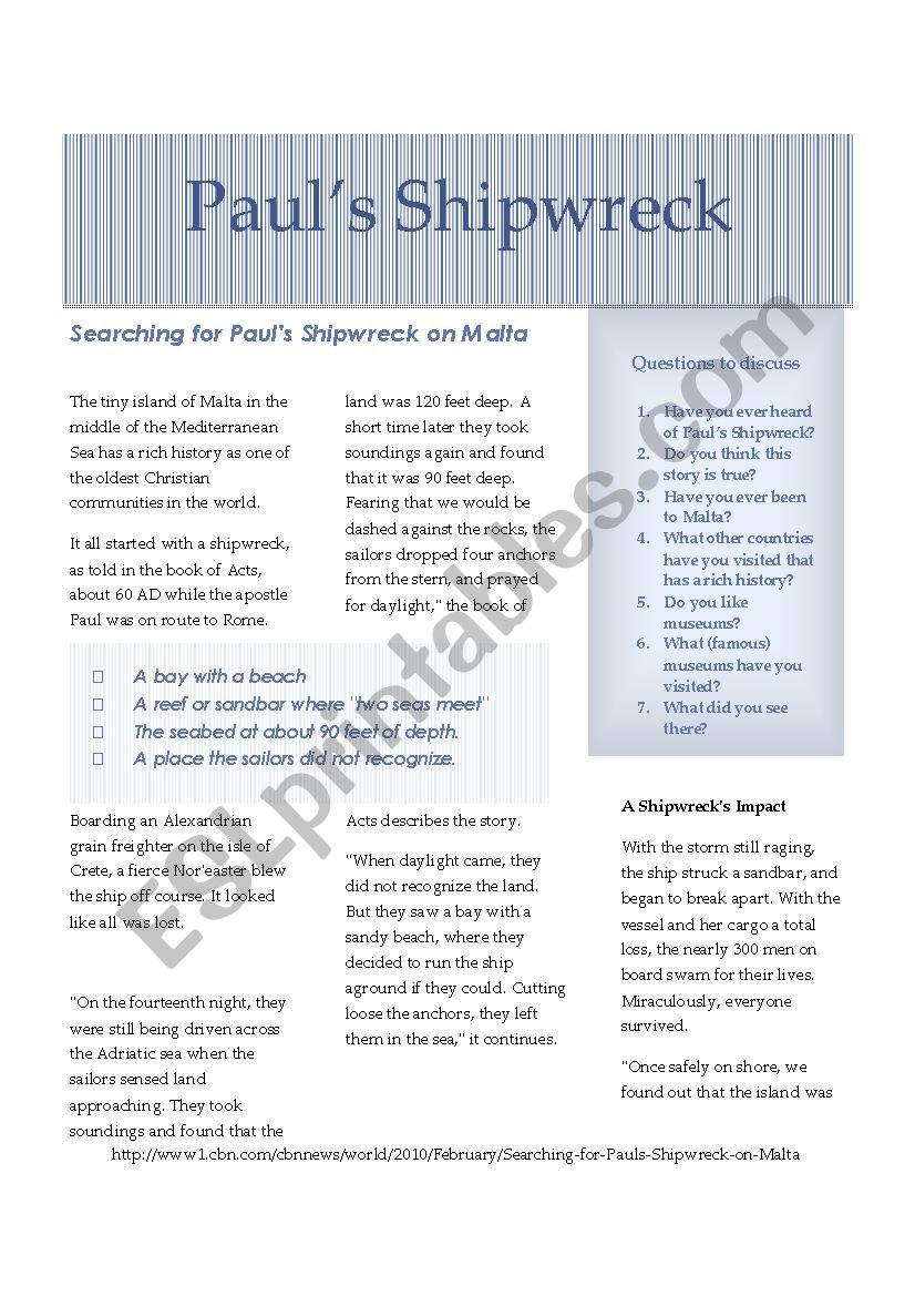 Searching for Paul´s Shipwreck on Malta - ESL worksheet by anitaberry