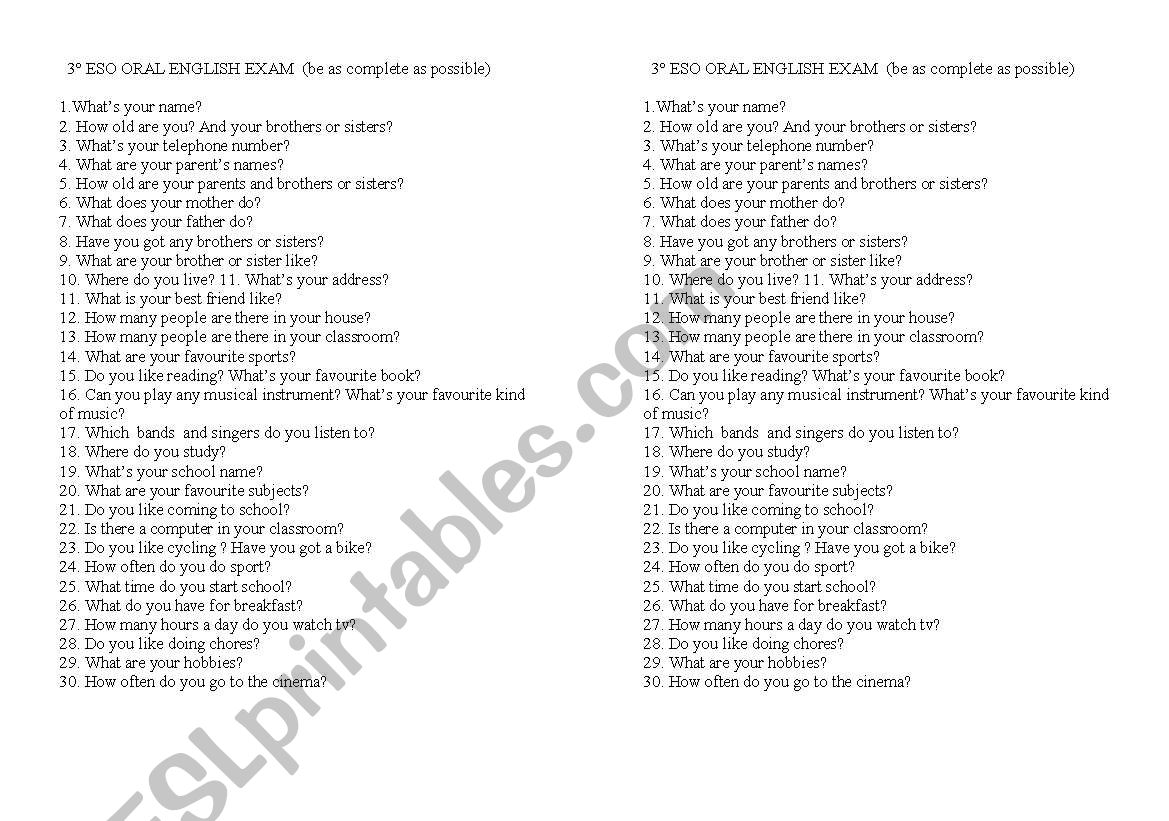 oral exam 3º ESO - ESL worksheet by Inmaaa