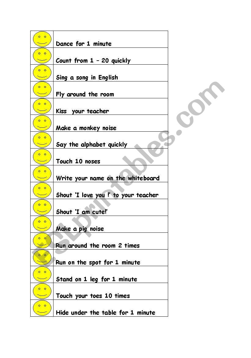 Let´s Do It ! Board Game Forfeit Cards and Spelling cards - ESL ...
