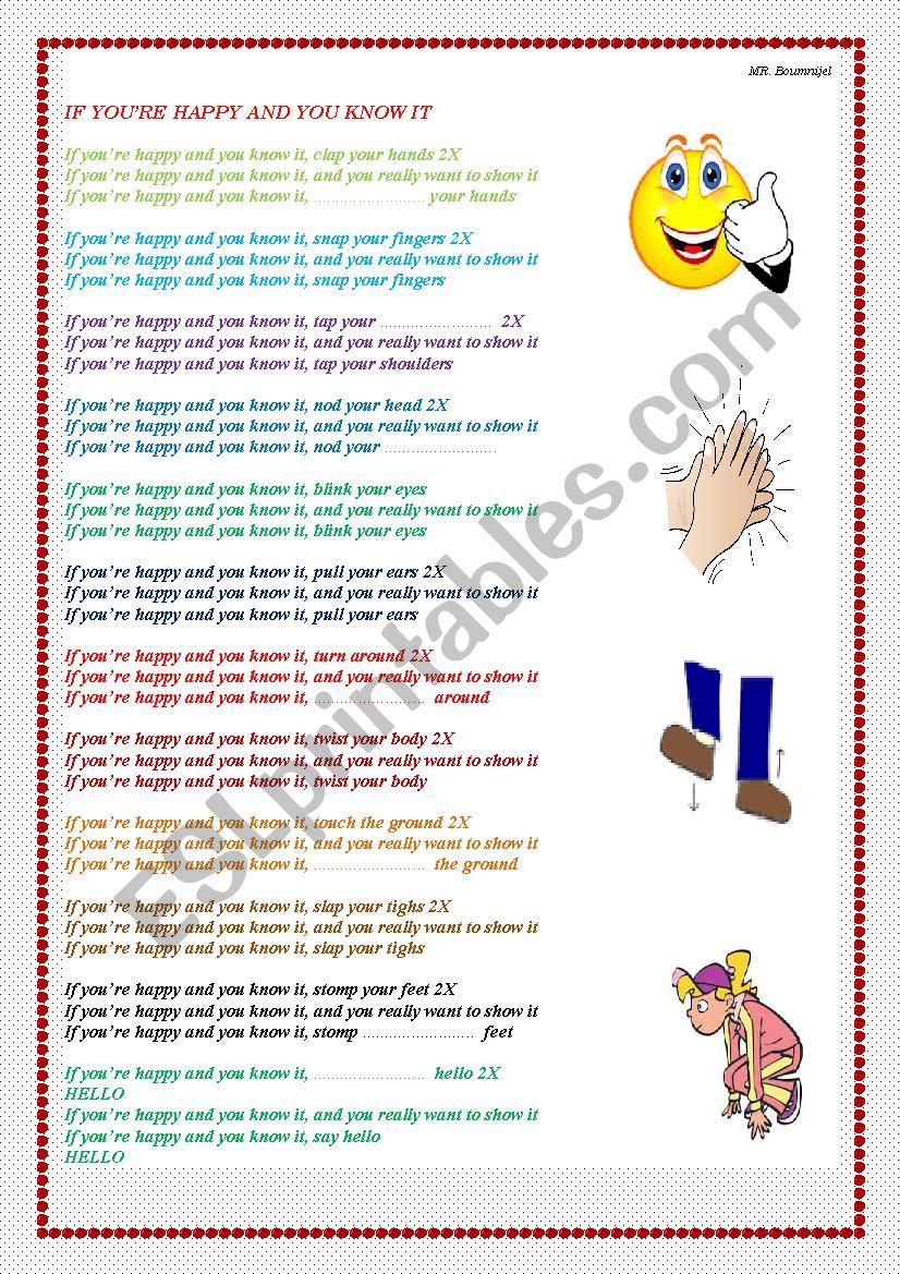 Song : ´If you are happy and you know it ´ - ESL worksheet by Abou Lina