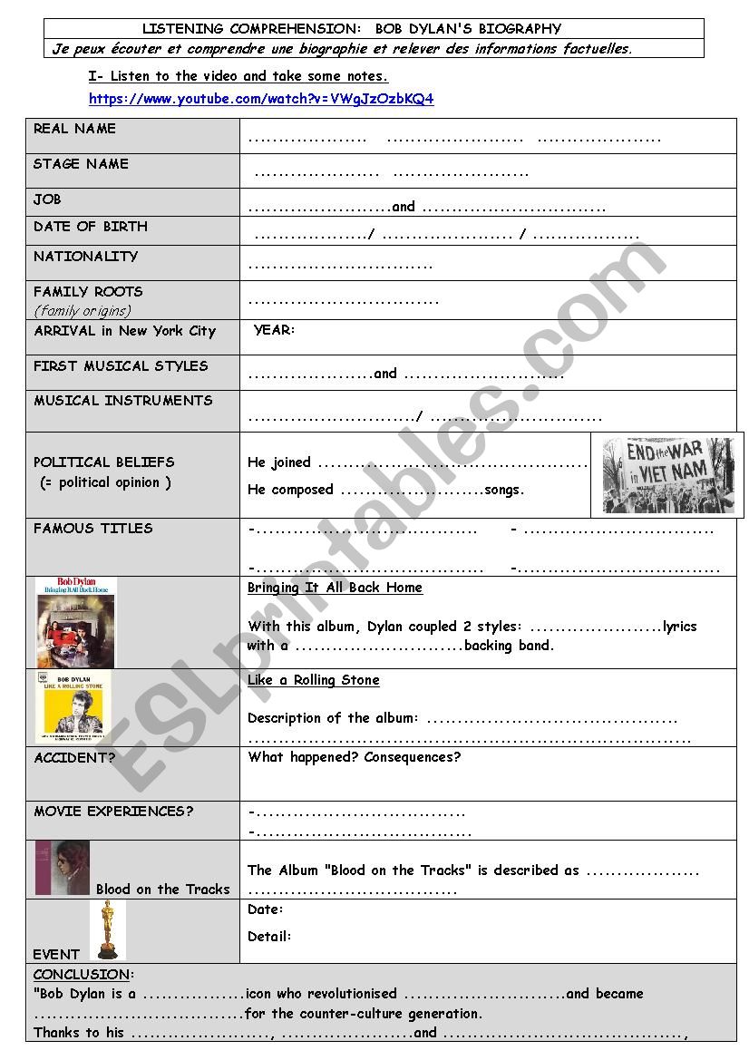 BOB DYLAN´S BIOGRAPHY - ESL worksheet by dogcatfish