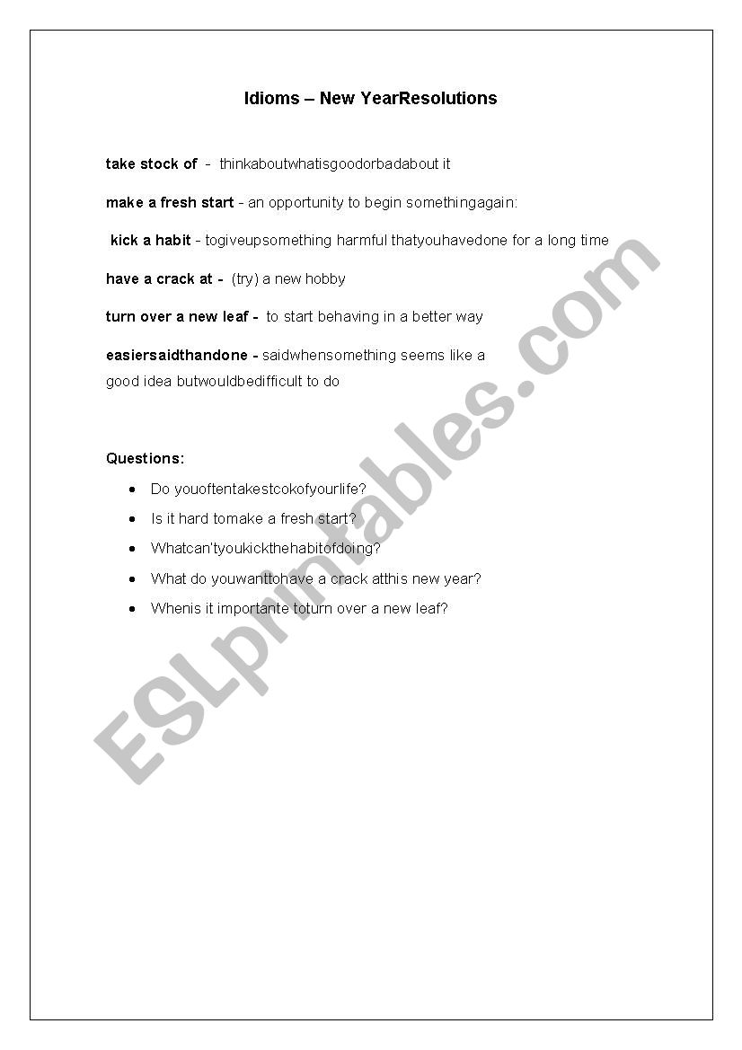 New Year´s Resolutions Idioms - ESL worksheet by Rodegheri
