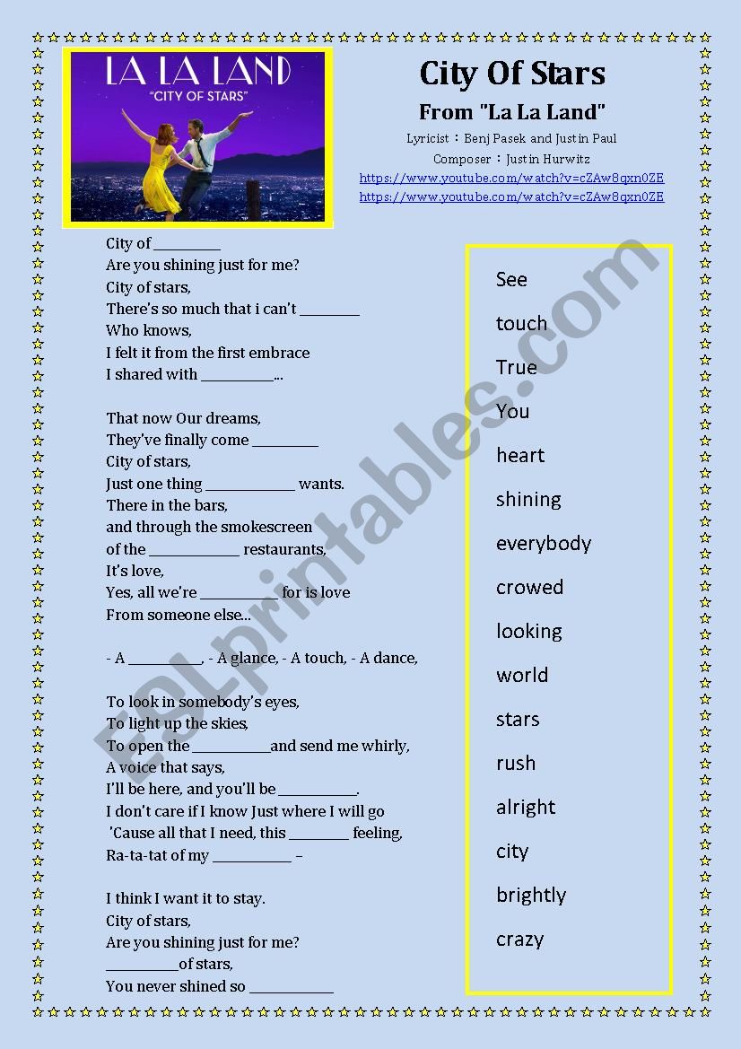 City Of Stars” a nice song from "La La Land" the musical film - ESL ...