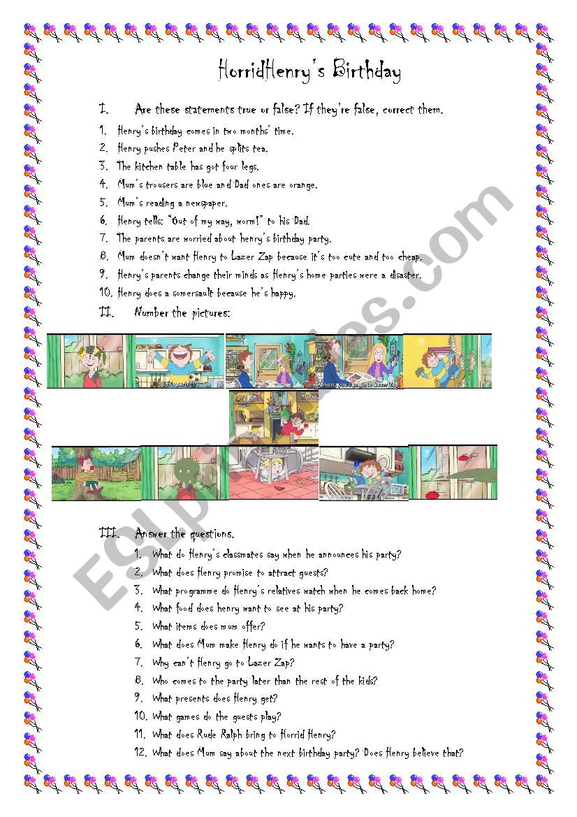 Horrid henry. Activities to the episode named Henry´s birthday - ESL ...